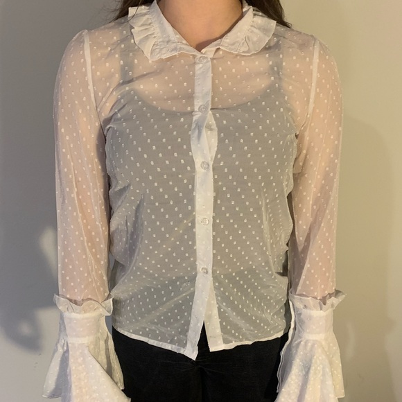 Ming Yin | Tops | Sheer White Polka Dot Button Down Blouse | Poshmark